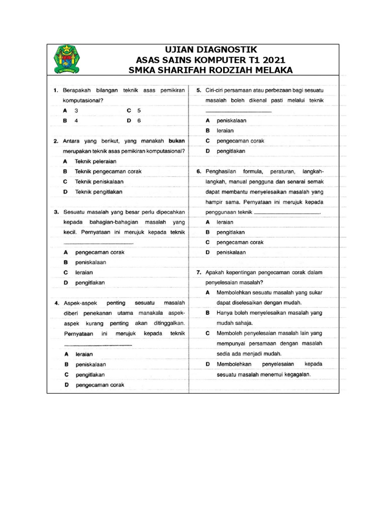 Soalan Ujian Diagnostik Ask T1 Tahun 2021 | PDF