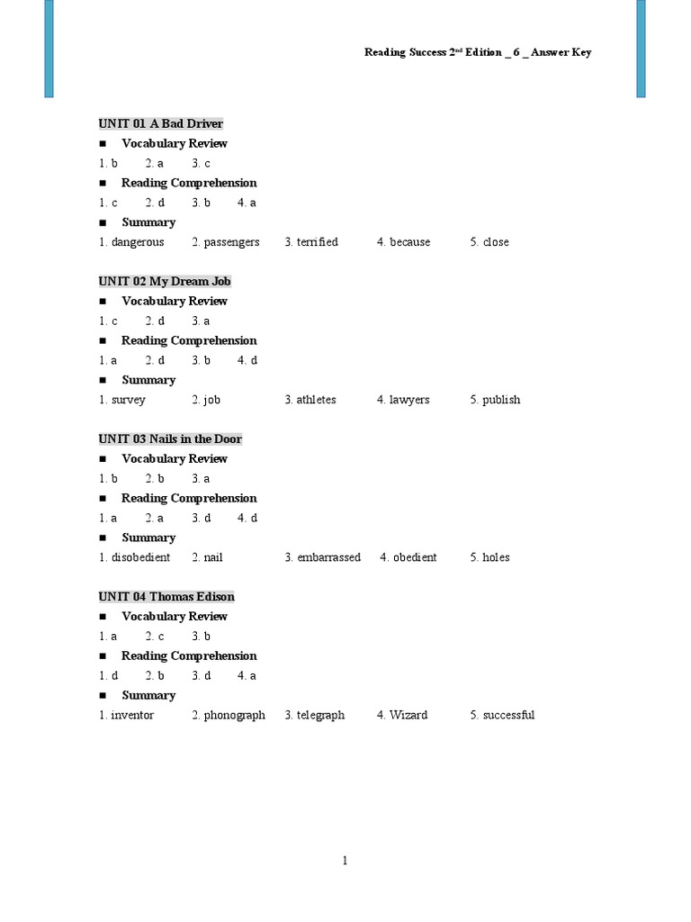 Reading Success 2e 6 Answer Key 2 | PDF