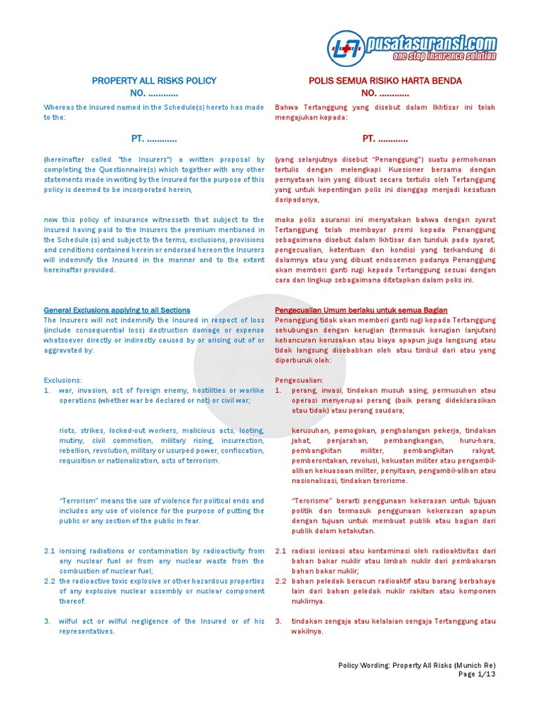 Munich Re Property All Risk Policy Wording | PDF