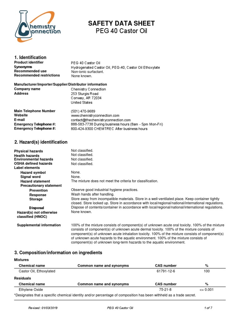 PEG 40 Castor Oil Chemconx SDS | PDF | Dangerous Goods | Toxicity