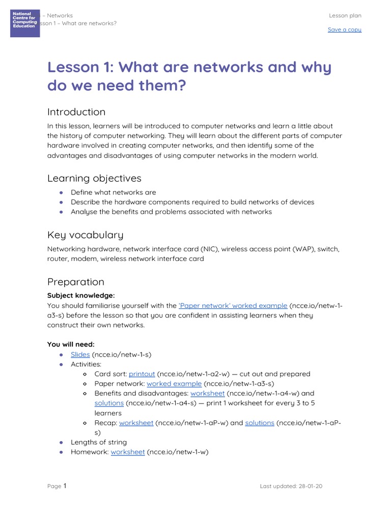L1 Lesson Plan - Networks - KS4 | PDF | Worksheet | Computer Network