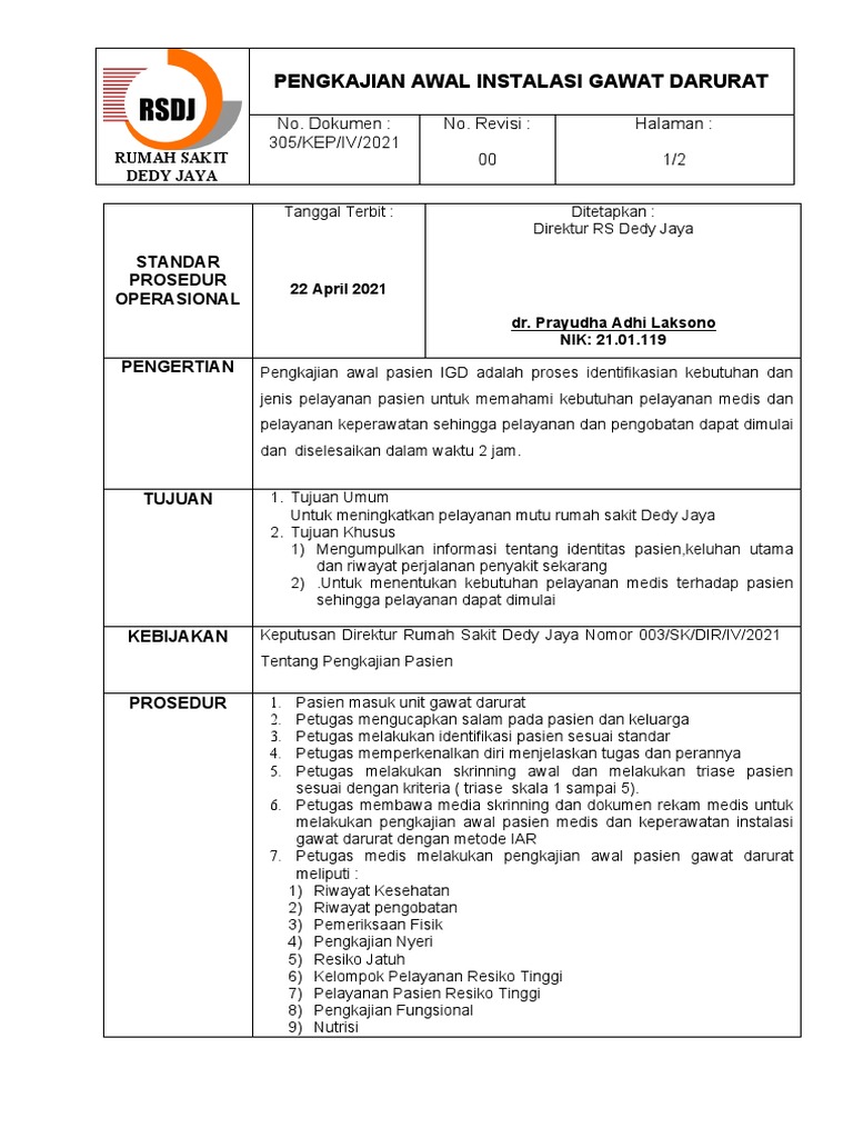 Prosedur Pengkajian Awal IGD RS Dedy Jaya | PDF