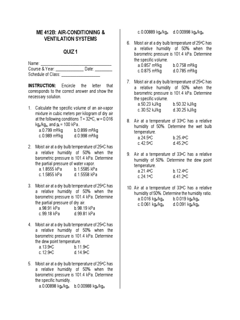Me 412B - Quiz 1 - Prelim - No Ans | PDF | Humidity | Continuum Mechanics