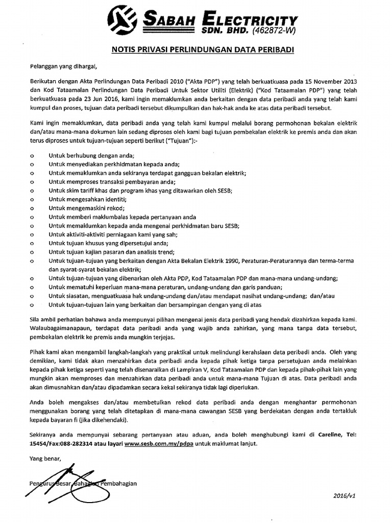 Notis Privasi Perlindungan Data Peribadi (2017) | PDF