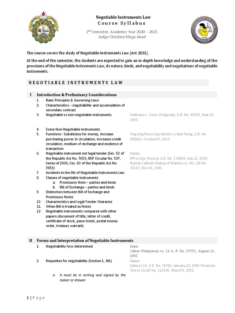 Negotiable Instrument Law - Course Syllabus - USJR 2nd Sem 2020-2021 | PDF | Negotiable ...