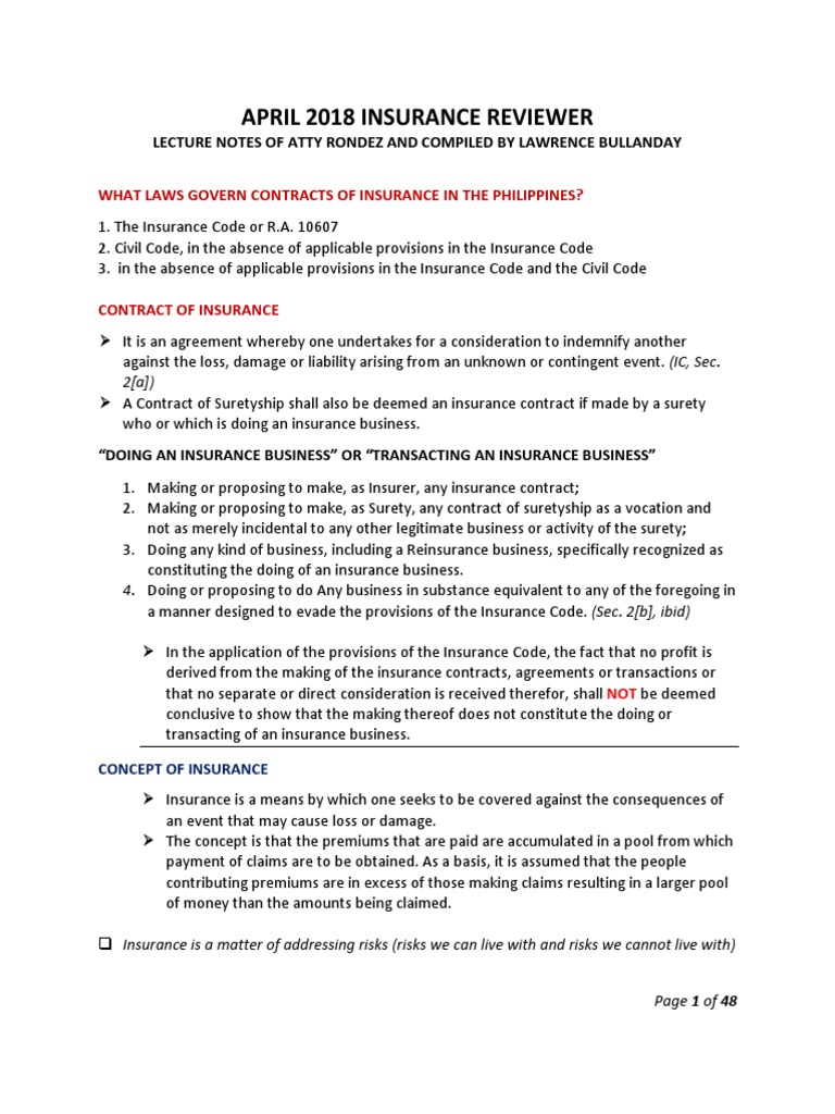 2018 Insurance Law Notes (Rondez) | PDF | Insurance | Liability Insurance