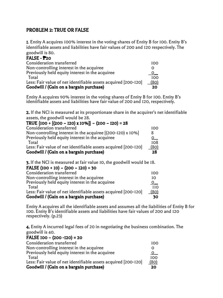 Chapter 1 Business Combinations PROBLEM 2 - TRUE or FALSE | PDF | Goodwill (Accounting) | Equity ...
