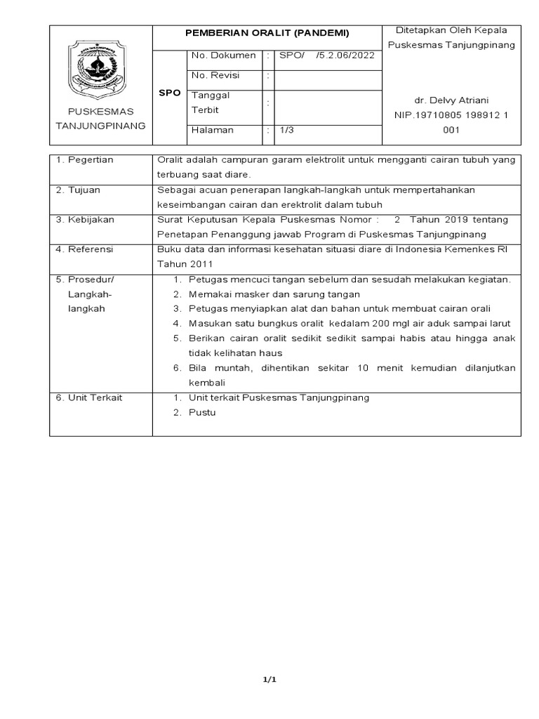Sop Pemberian Oralit | PDF | Kesehatan Holistik