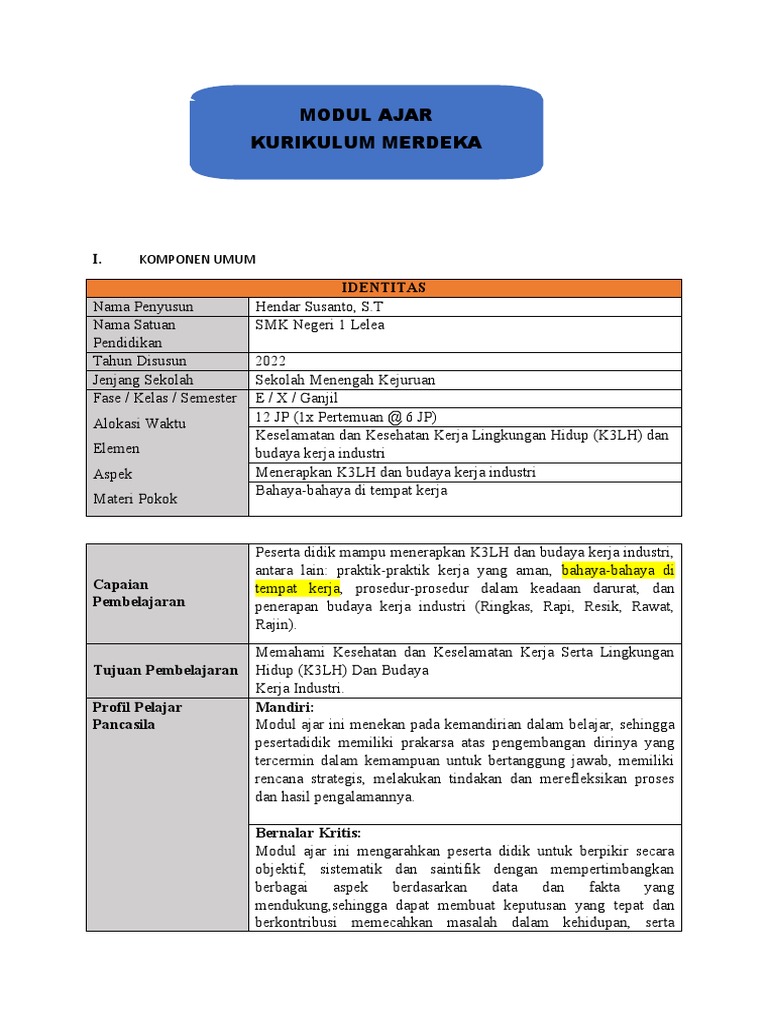 Modul Ajar K3LH Kelas X | PDF