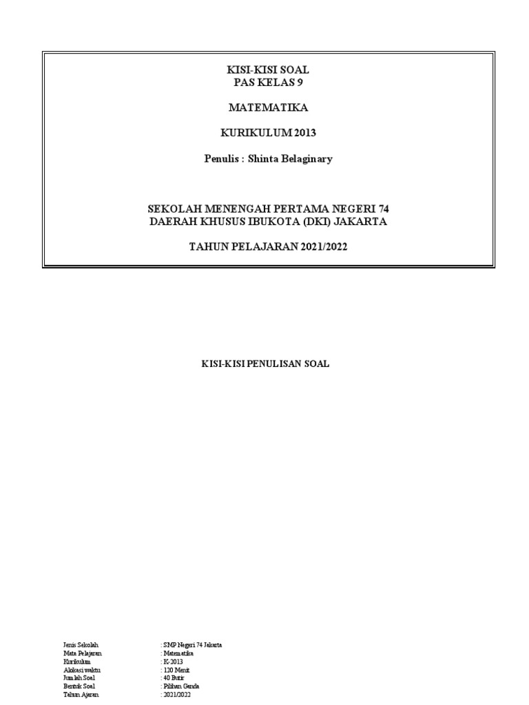 Kisi Kisi Soal PAS Matematika Kelas 9 | PDF