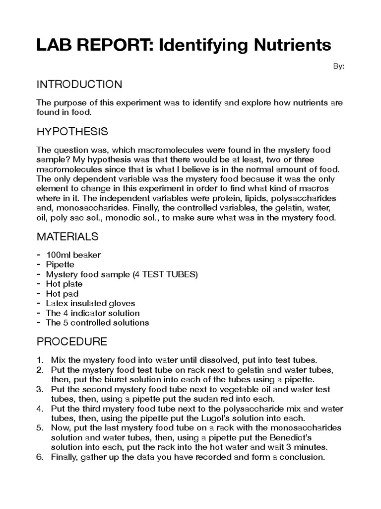 Nutrient Identification Lab Report | PDF | Polysaccharide | Macromolecules