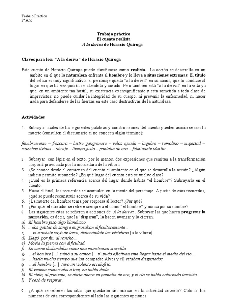 Actividades sobre "A la deriva" de Quiroga | PDF | Narración | Verbo