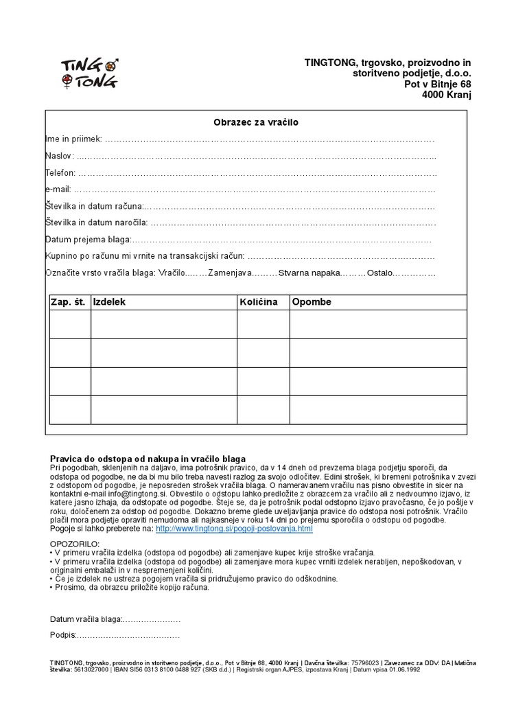 Obrazec Vracilo Tingtong | PDF