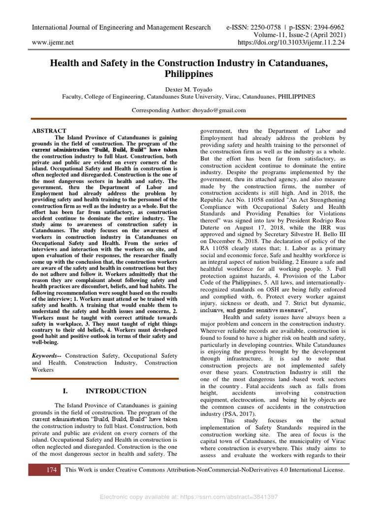Health and Safety in The Construction Industry in Catanduanes ...