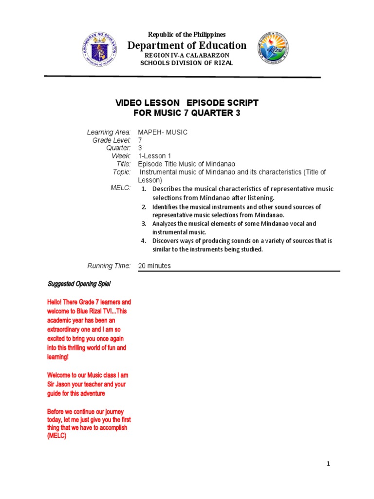 Script - Instrumental Music in Mindanao G7 Q3 Week2 | PDF | Musical Instruments | Music Technology