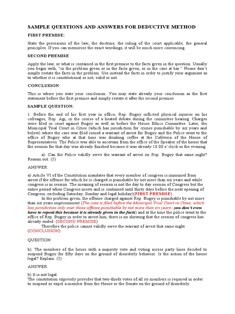 Sample Questions and Answers For Deductive Method | PDF | Deductive Reasoning | Argument