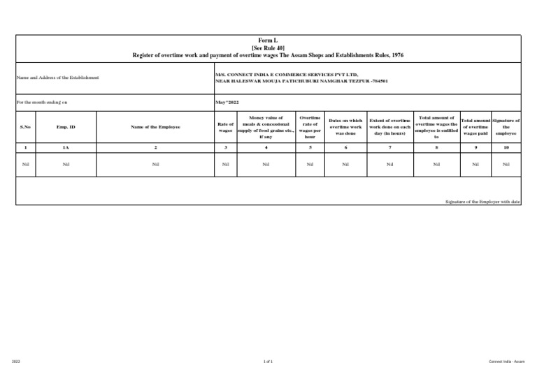 05-2022, CI - Assam - (OT) Form L - S&E Act | PDF | Overtime | Wage