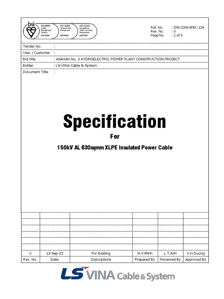 Specification For 150kV AL 630sqmm Cable | PDF | Insulator (Electricity ...