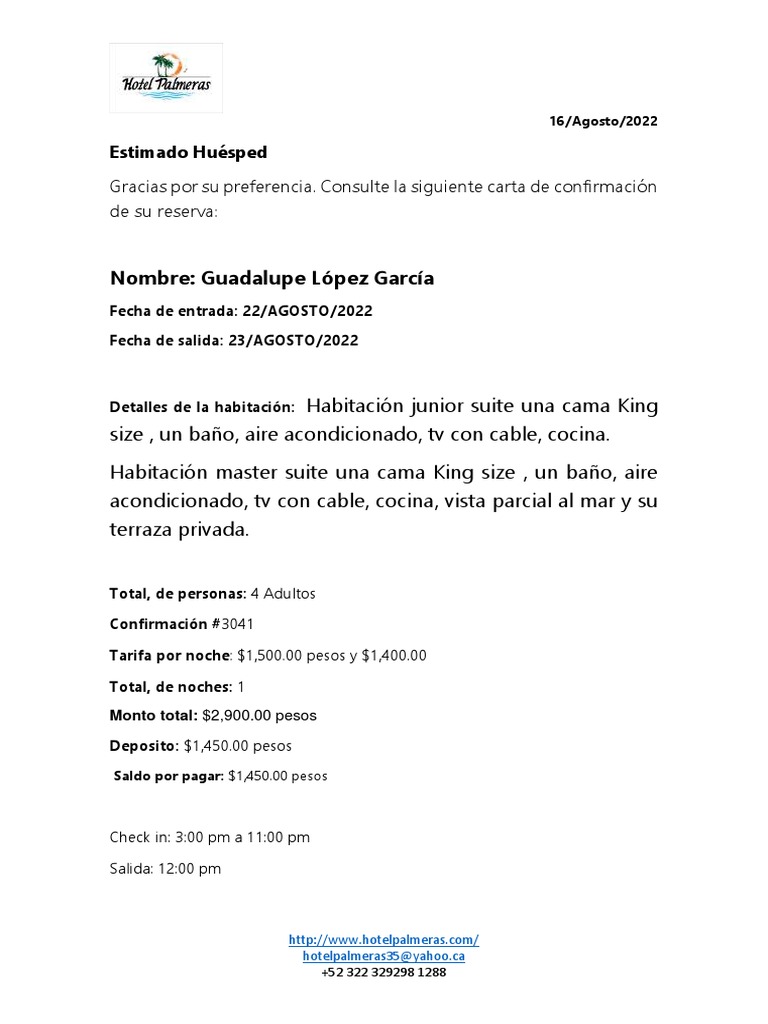 Ejemplo De Carta De Confirmación De Pago
