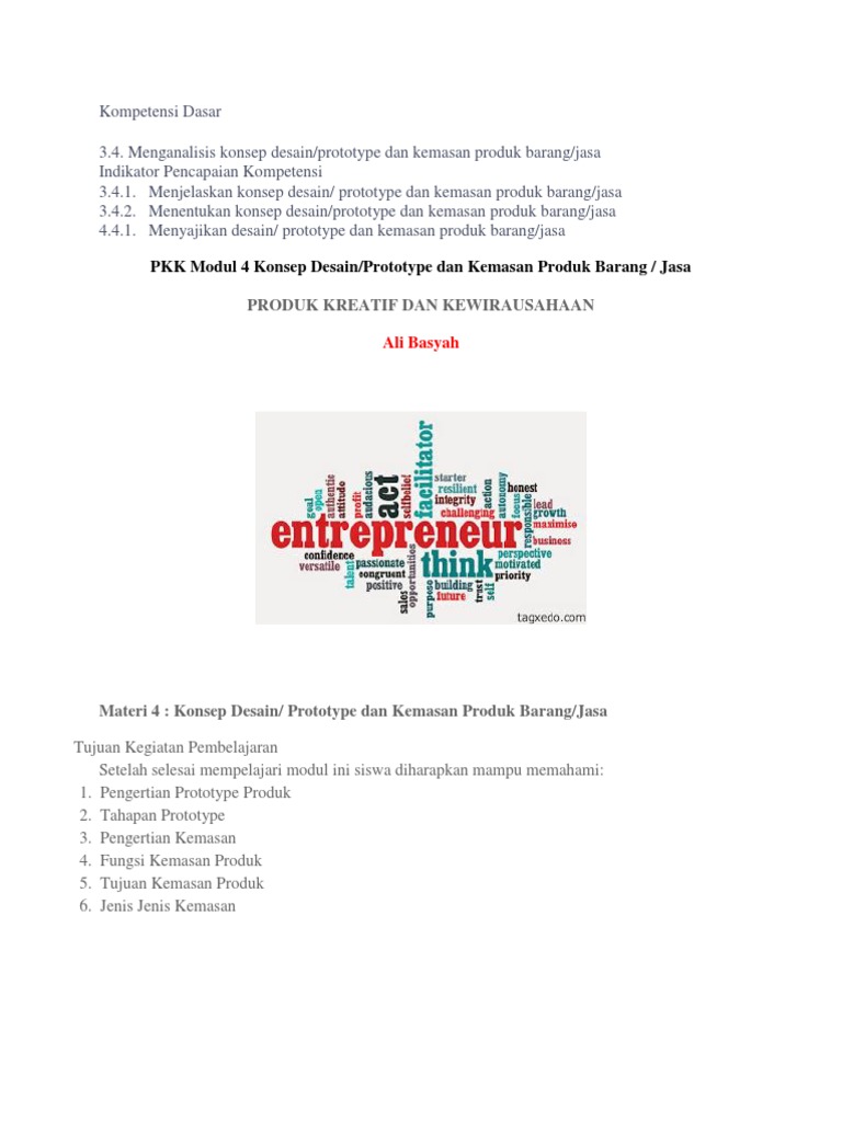 PKK Modul 4 Konsep Desain/Prototype Dan Kemasan Produk Barang / Jasa | PDF