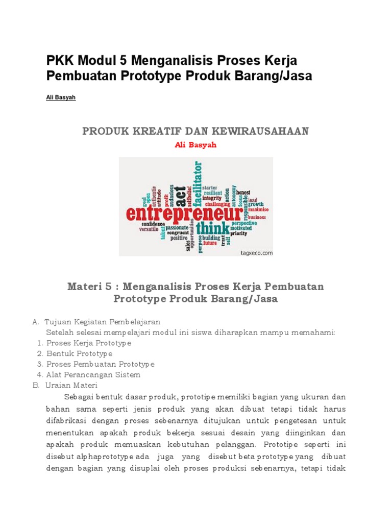 PKK Modul 5 Menganalisis Proses Kerja Pembuatan Prototype Produk Barang/Jasa | PDF