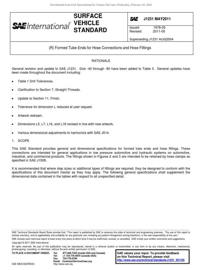 Sae J1231-2011 | PDF | Pipe (Fluid Conveyance) | Engineering Tolerance