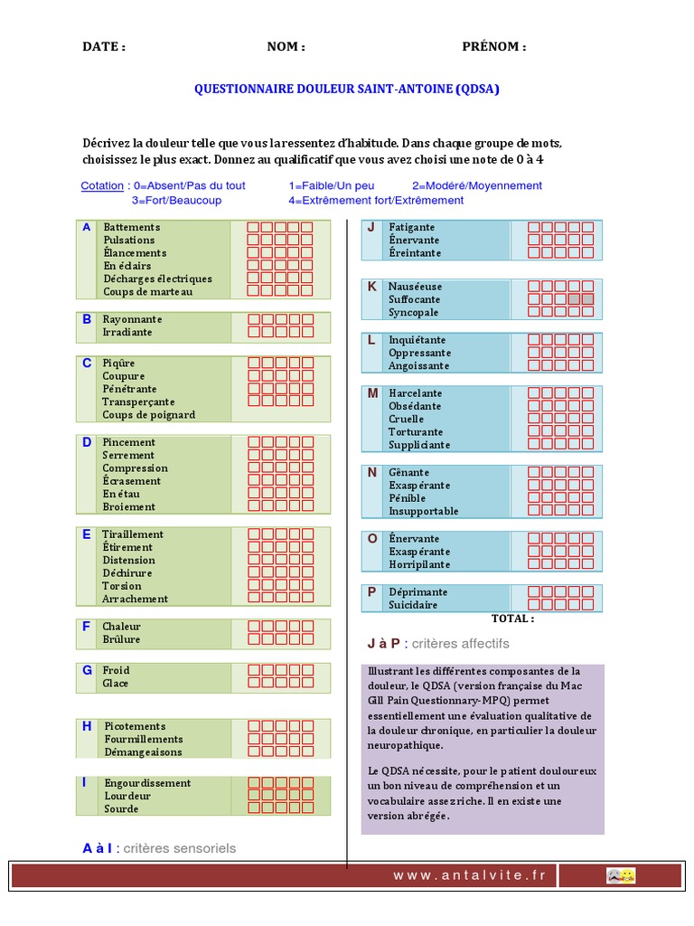 Questionnaire de Douleur Saint-Antoine | PDF | Douleur | Concept de ...