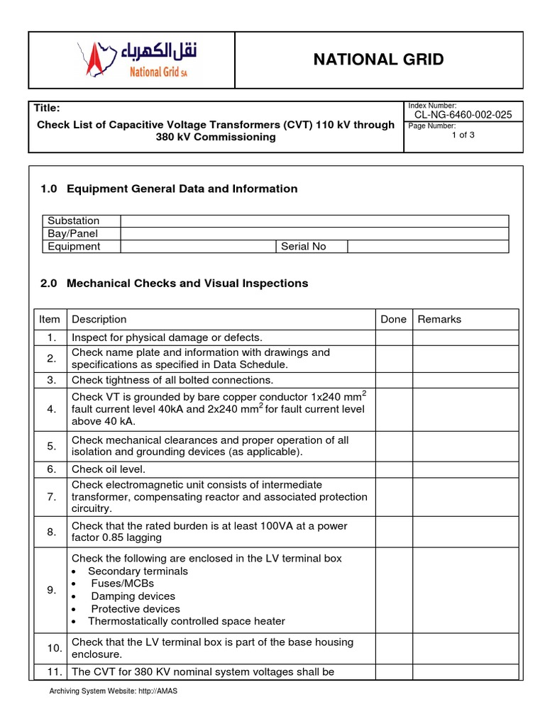CL-NG-6460-002-025 Checklist For CVT Rev00 | PDF | Transformer ... CL-NG-6460-002-025 Checklist For CVT Rev00 | PDF | Transformer ...