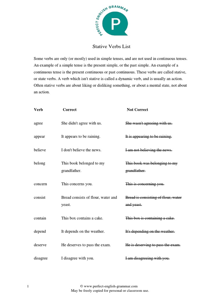Stative Verbs List Pdf Verb Grammar