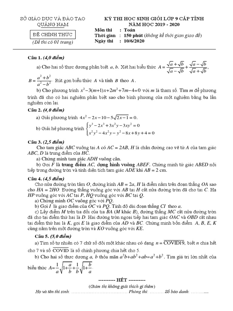 De Thi HSG Toan 9 Cap Tinh Nam Hoc 2019 2020 So GDDT Quang Nam | PDF