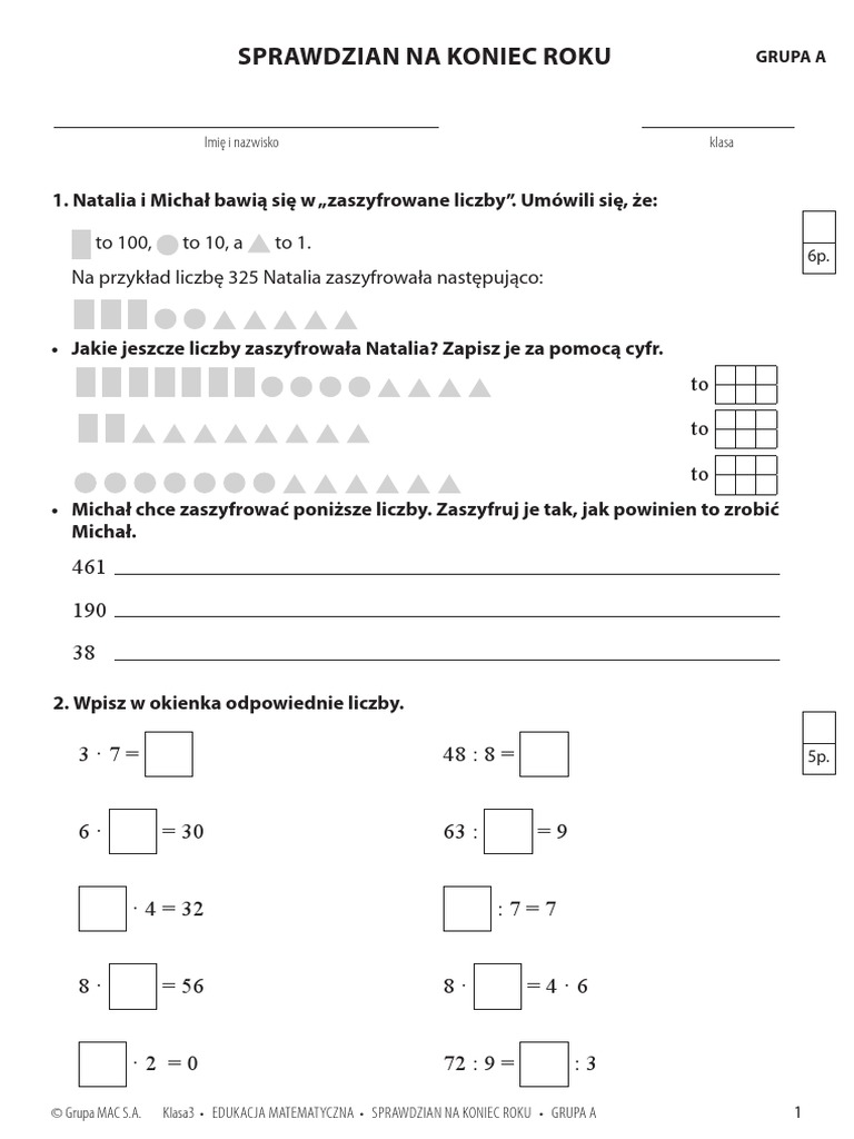 Sprawdzian Na Koniec Roku Klasa 3 - Część Matematyczna | PDF