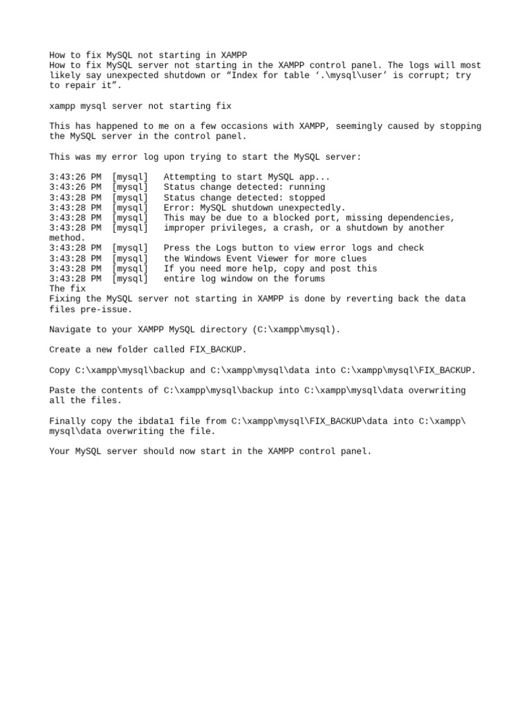 Fix MySQL Not Starting in XAMPP | PDF