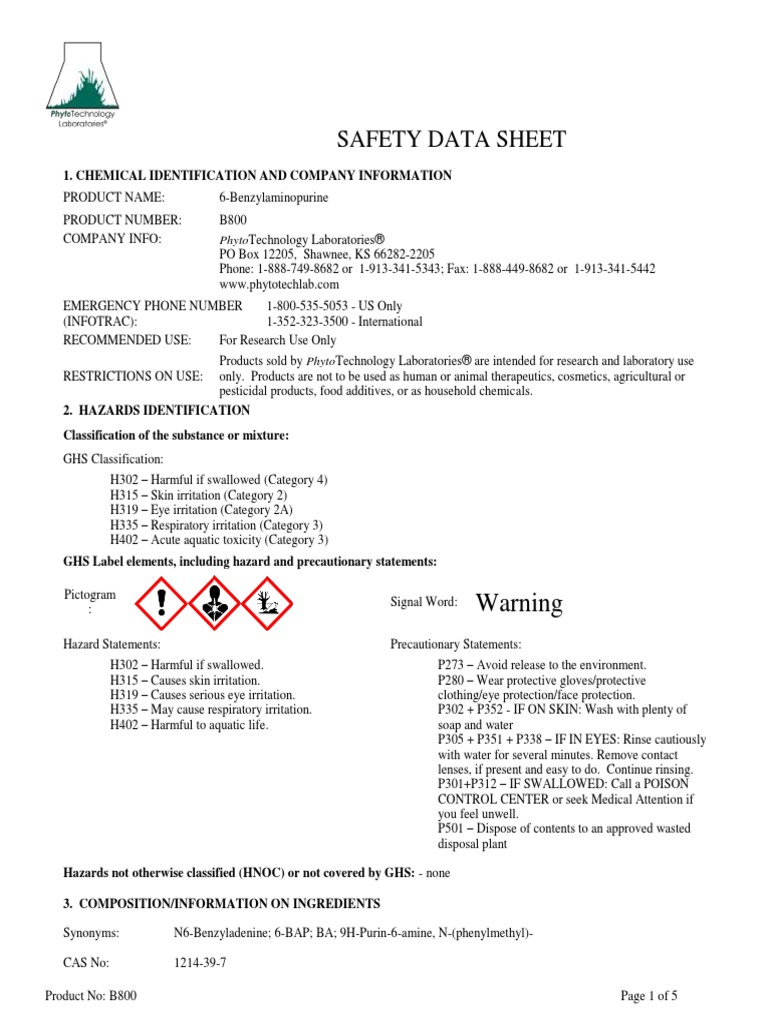 Safety Data Sheet: Warning | PDF | Personal Protective Equipment | Dangerous Goods