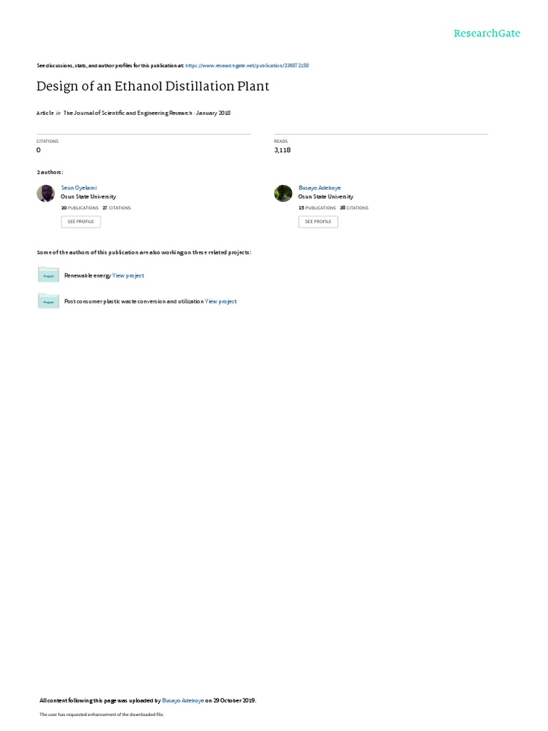 Ethanol Distillation Plant Design | PDF | Ethanol | Area