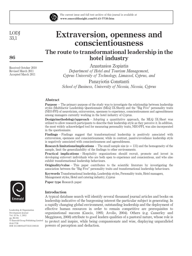 Extraversion, Openness and | PDF | Leadership | Transformational Leadership