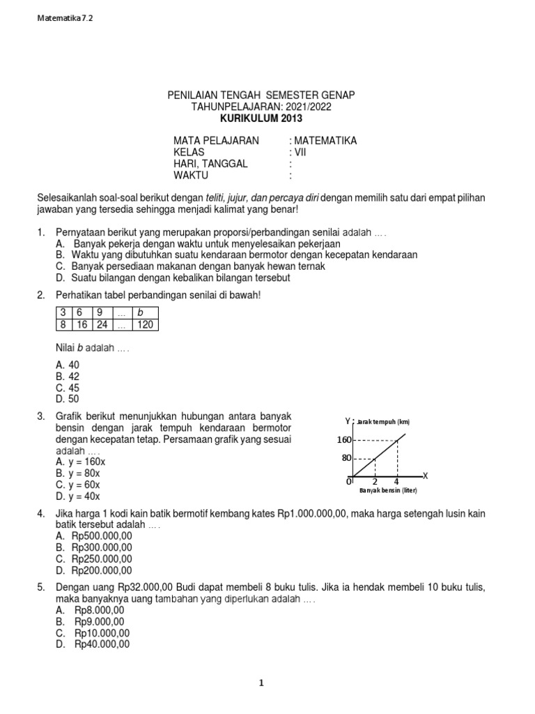 Soal Matematika 7 PTS 2 Tahun 2022 | PDF