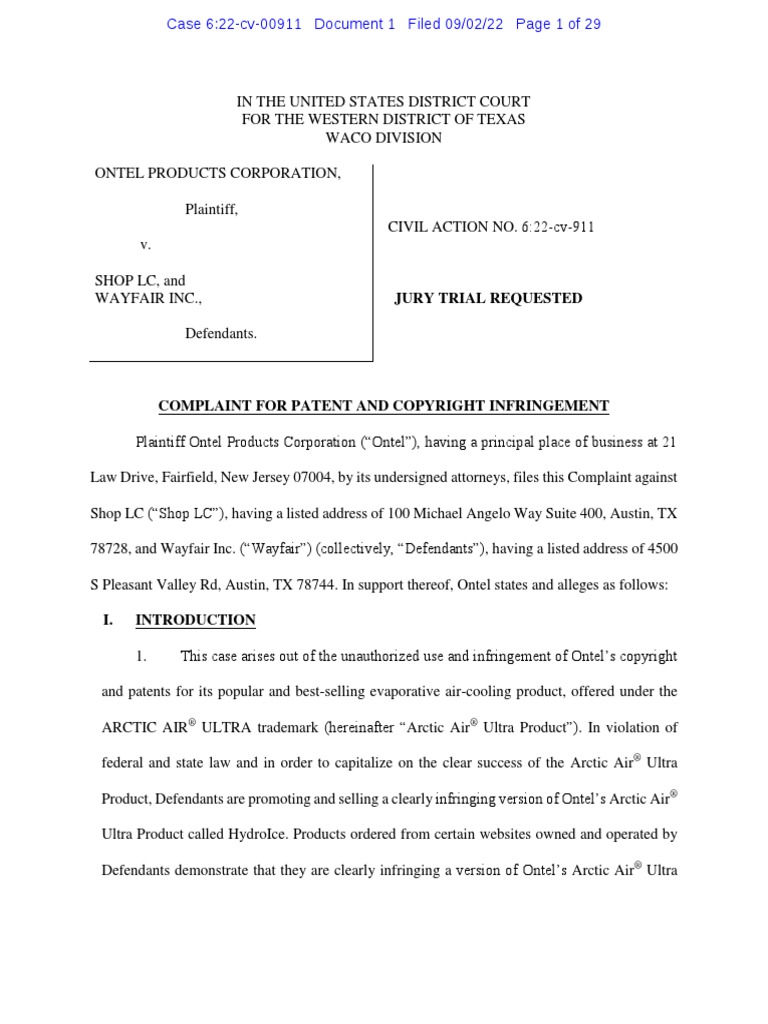 Ontel v. Shop LC - Complaint | PDF | Copyright Infringement | Complaint