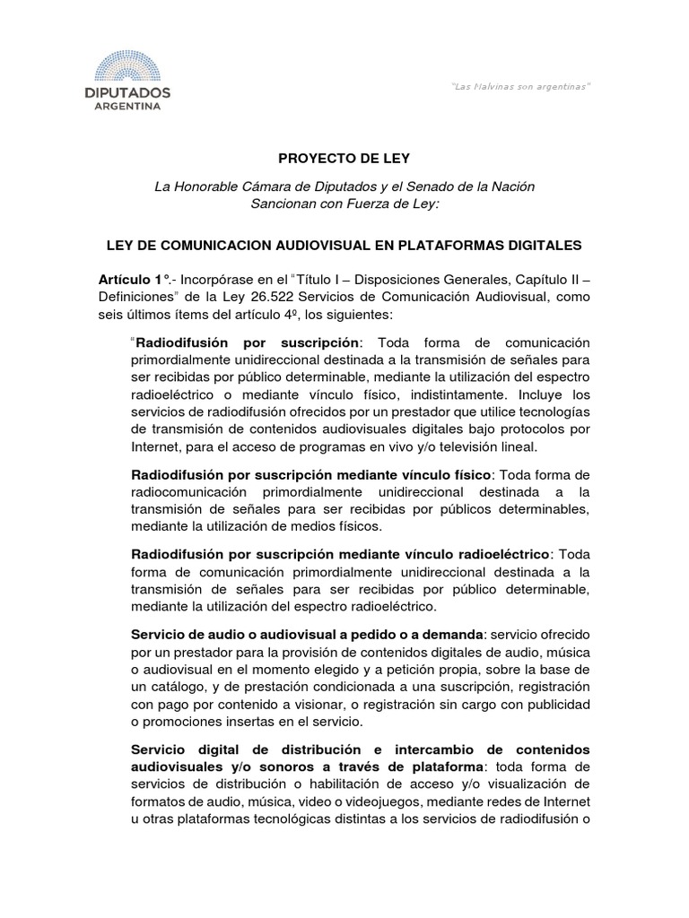 Proyecto De Ley De Comunicación Audiovisual En Plataformas Digitales