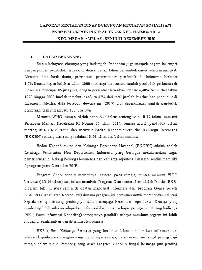 Laporan Kegiatan Dinas Sosialisasi PKBR Pik R Al Iklas | PDF ...