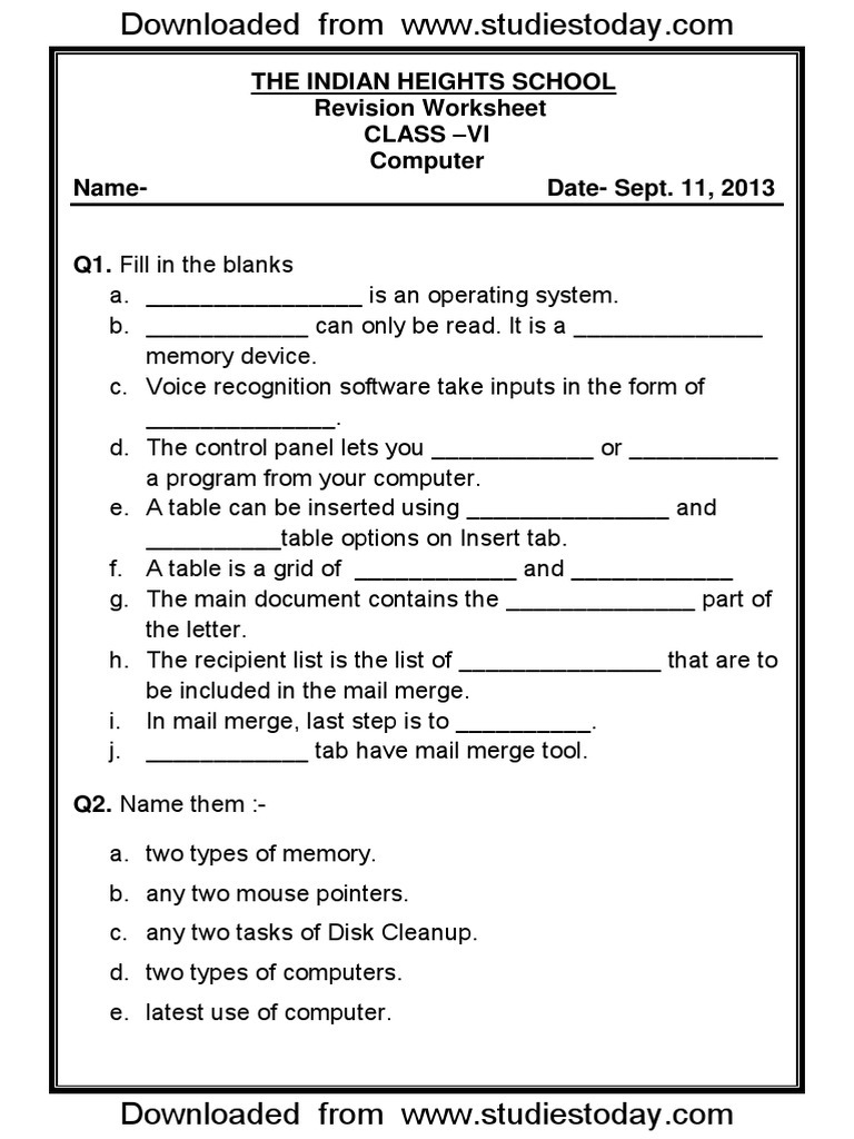 Cbse Class 6 Computer Worksheets 2 Pdf
