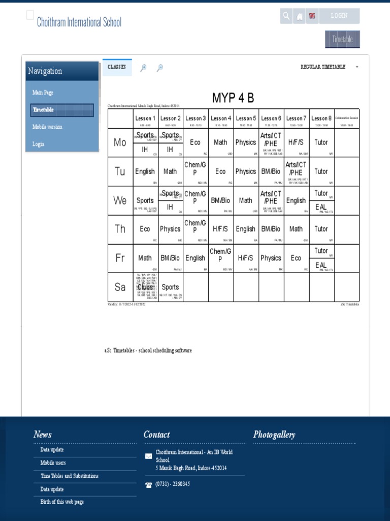 Timetable Choithram International - An IB World School | PDF