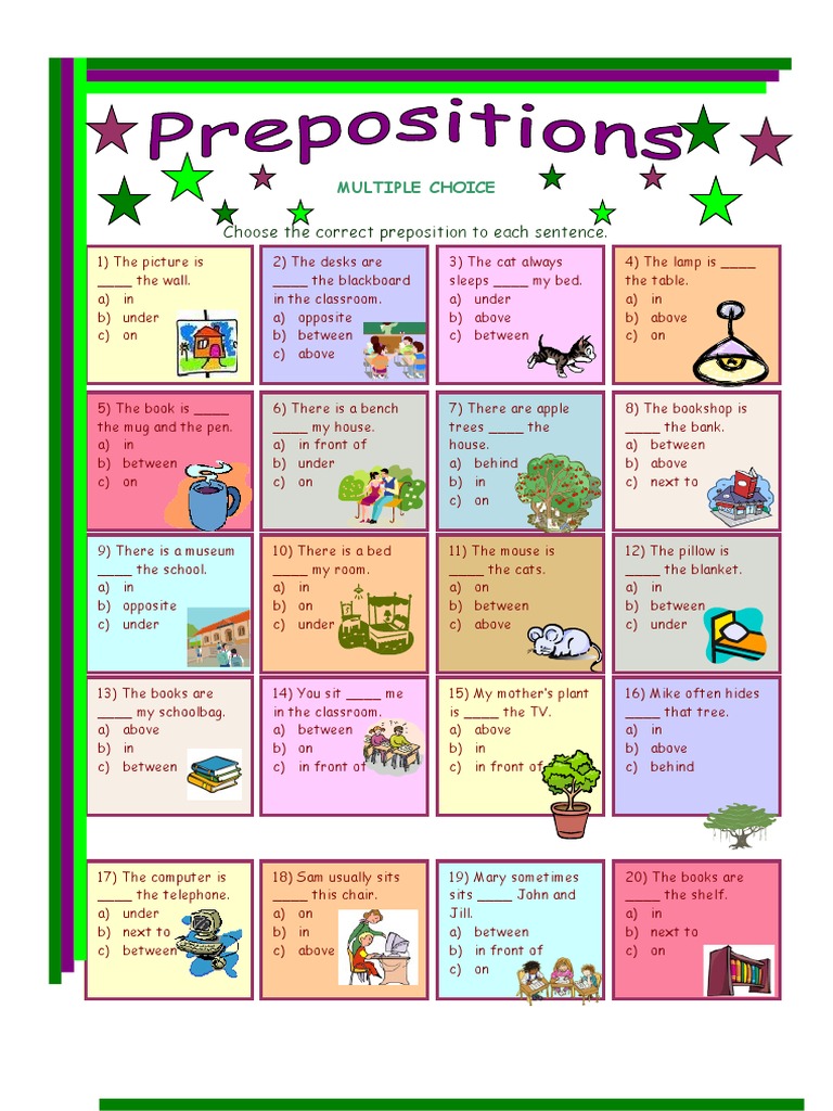 Prepositions Multiple Choice Elementary Level 20 Q - 4916 | PDF ...