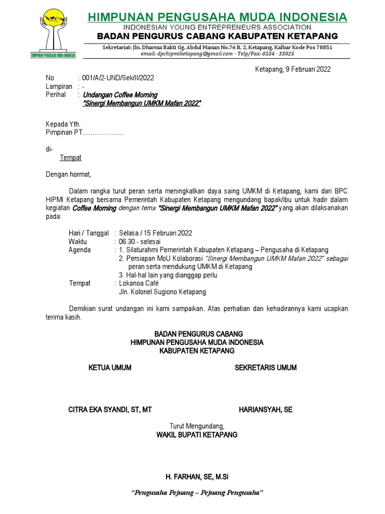 SURAT UNDANGAN HIPMI KETAPANG Coffee Morning 2022 | PDF