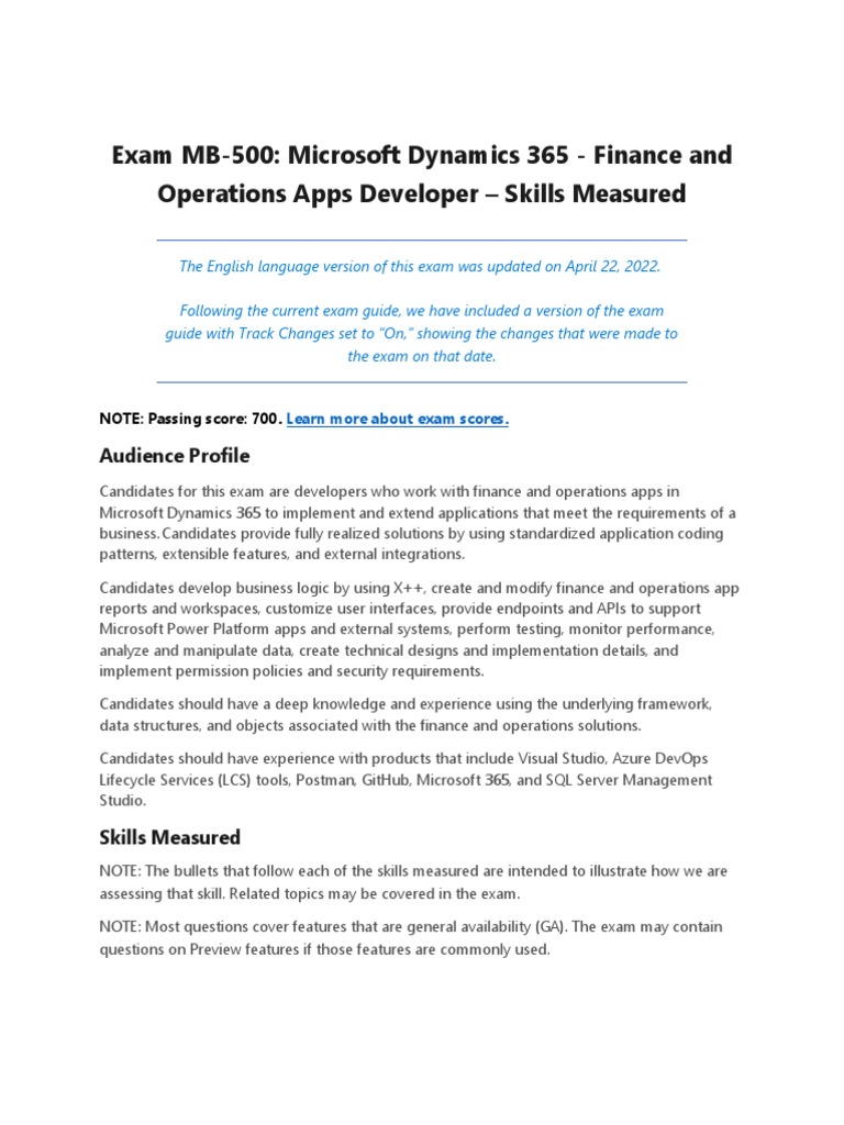 Exam MB 500 Microsoft Dynamics 365 Finance and Operations Apps Developer Skills Measured | PDF ...