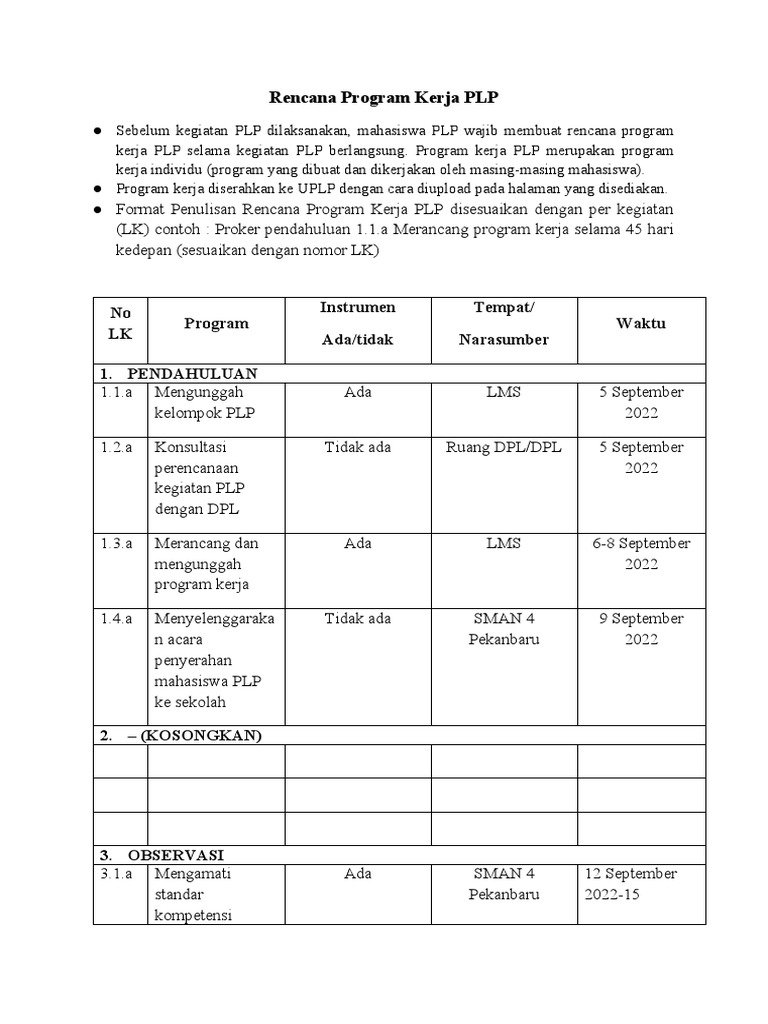 Rencana Program Kerja PLP | PDF