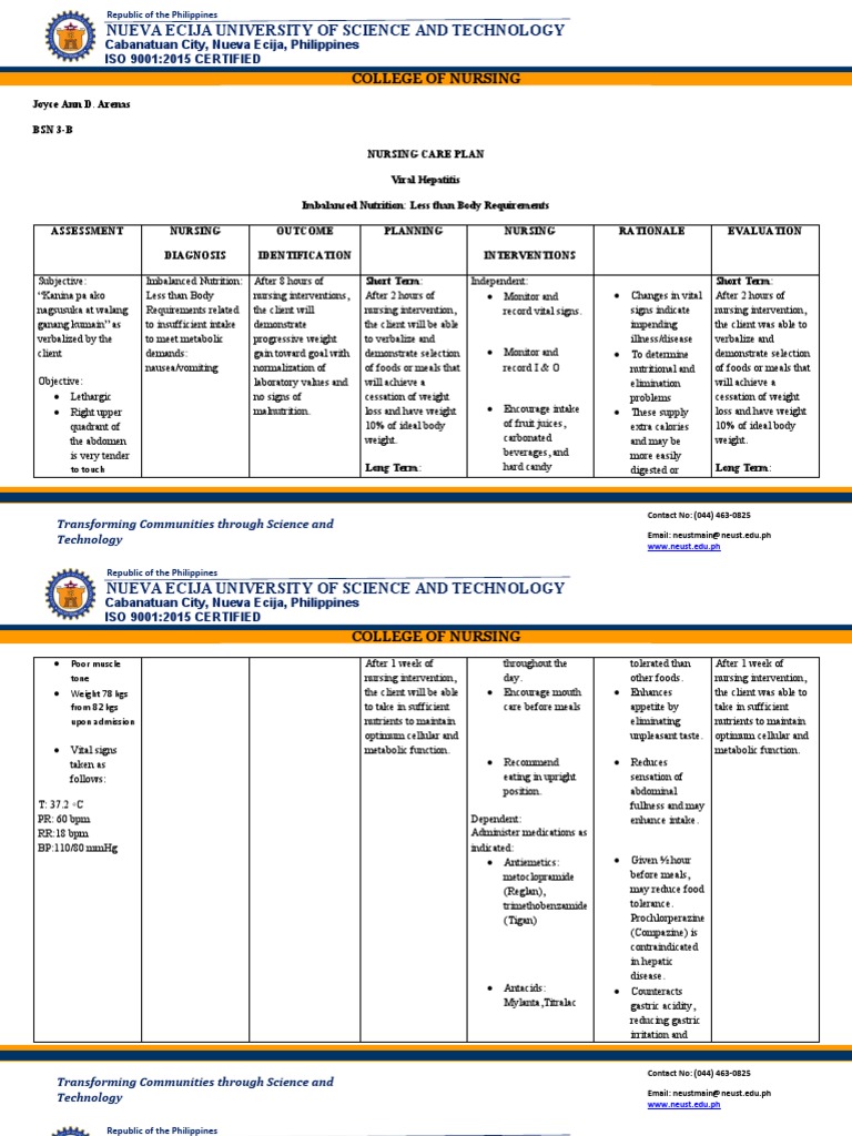 Arenas Viral Hepatitis NCP Imbalanced Nutrition | PDF | Hepatitis ...