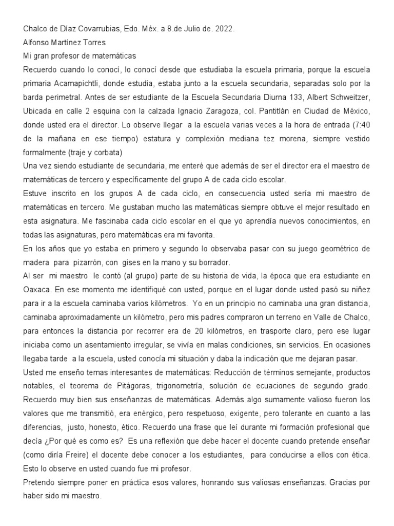 Carta A Mi Gran Maestro de Matemáticas A. | PDF