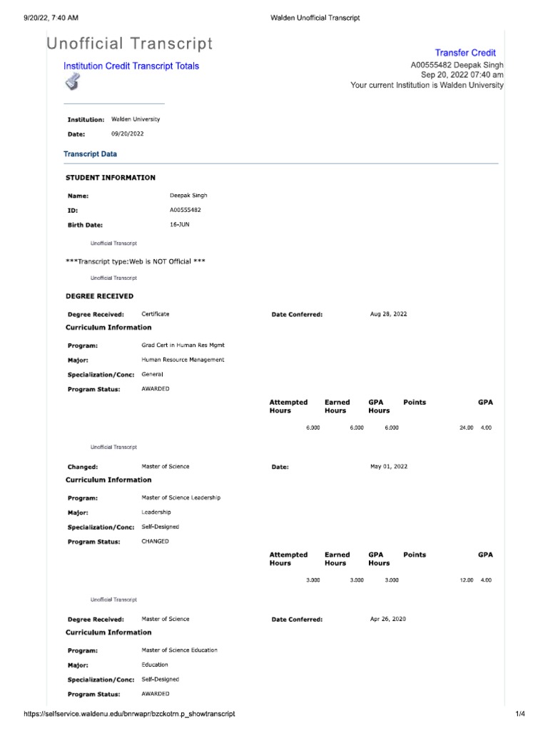 September 20, 2022 Walden University Transcript of Deepak (Danny) Singh ...