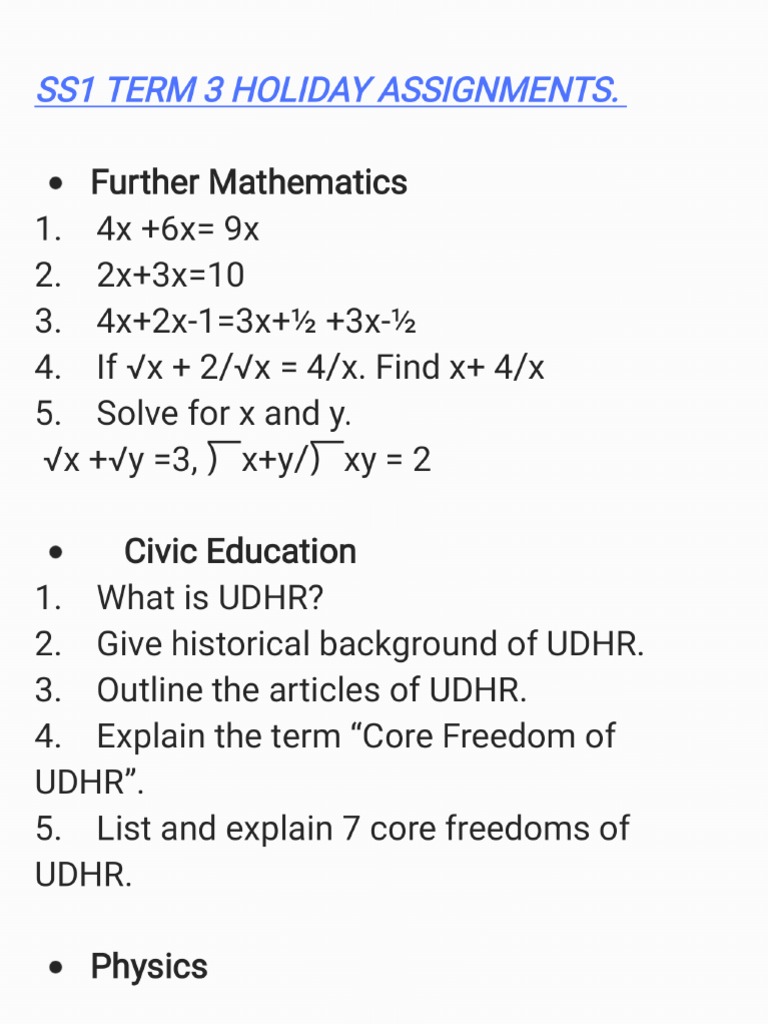 Ss1 Term 3 Holiday Assignments | PDF