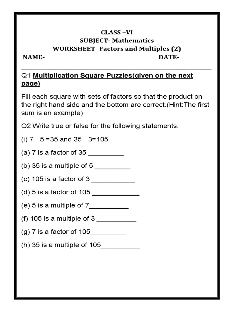 CBSE Class 6 Mathematics Worksheet - Factors and Multiples | PDF ...